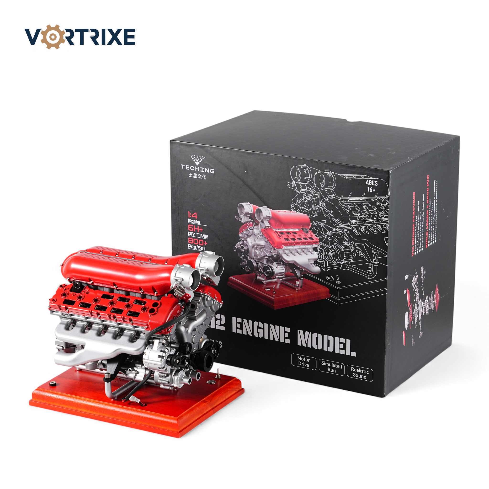 VORTRIXE & TECHING 800+PCS 1/4 Metal V12 Engine Model Kit with Electri ...